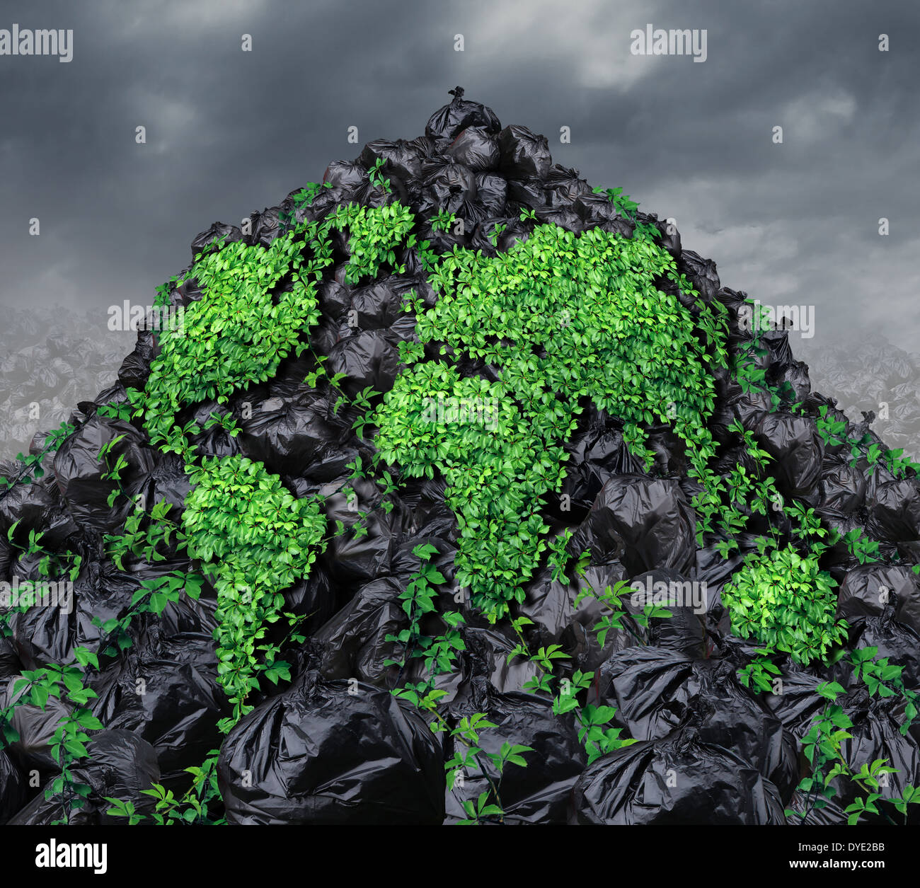 Global garbage concept with a mountain of black plastic trash bags in a ...