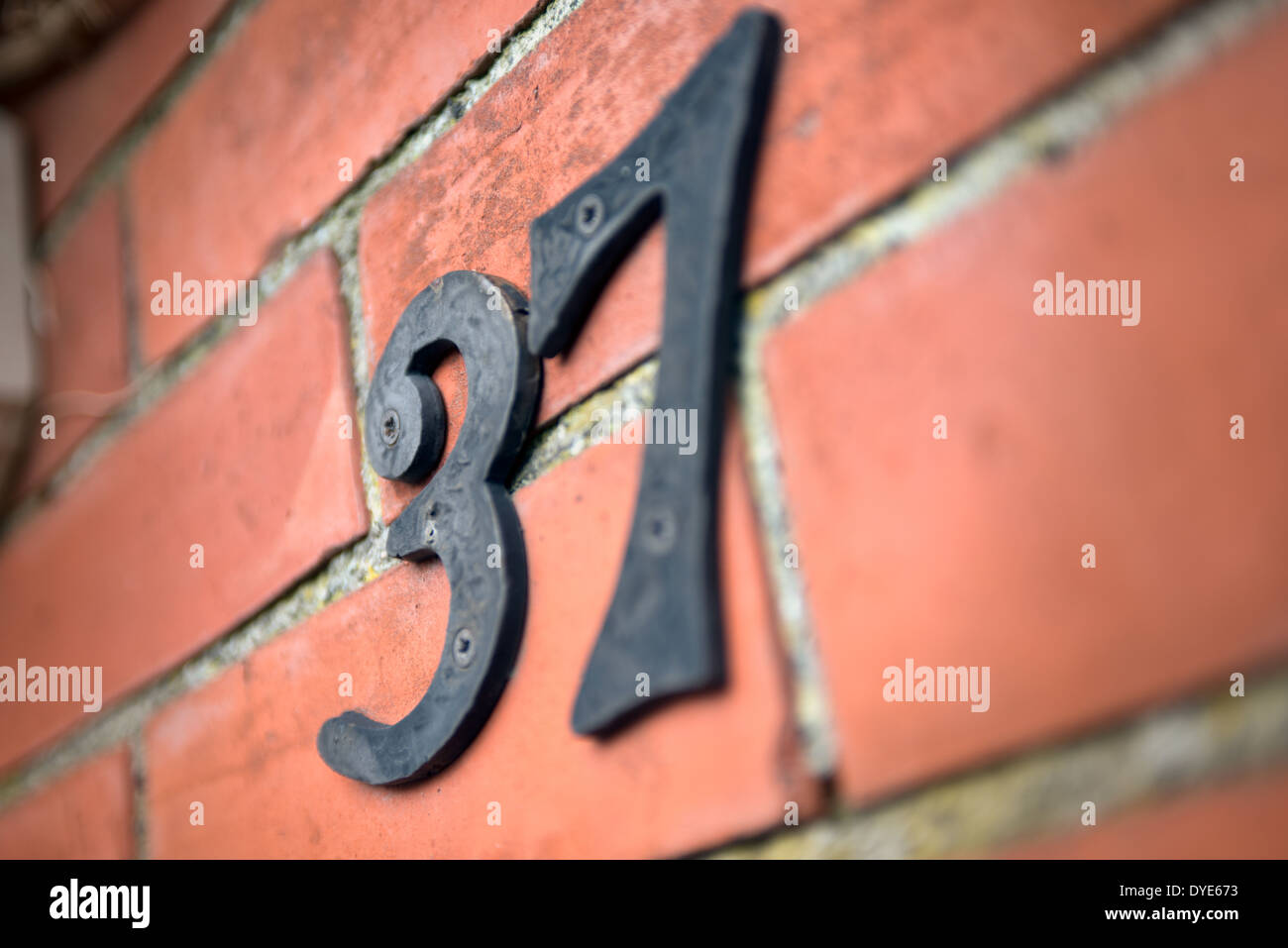 The number 37 shallow focused, in black metal numerals screwed to a ...