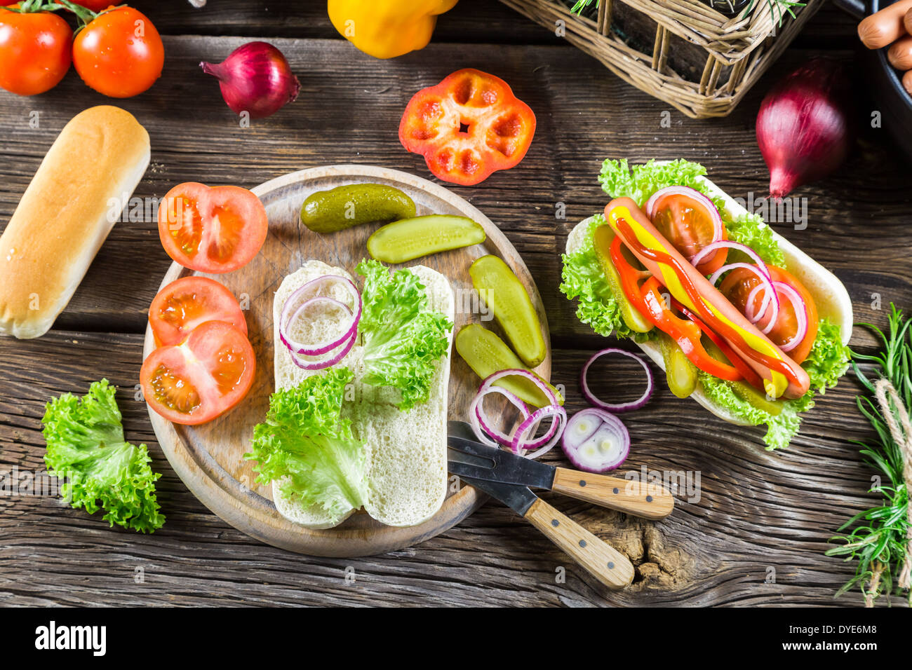 Ingredients for homemade hot dog Stock Photo - Alamy