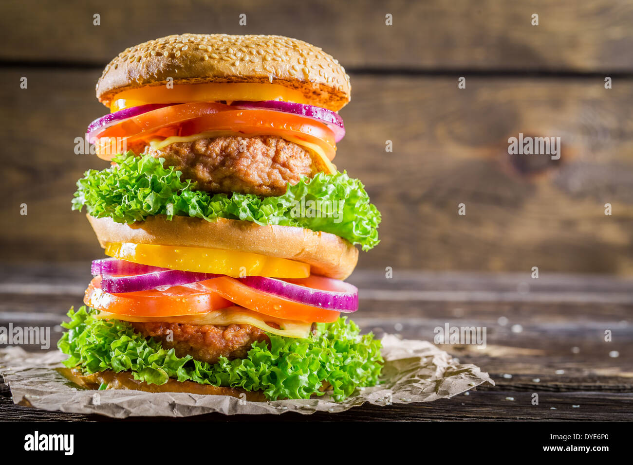 Double-decker burger made from vegetables and beef Stock Photo - Alamy