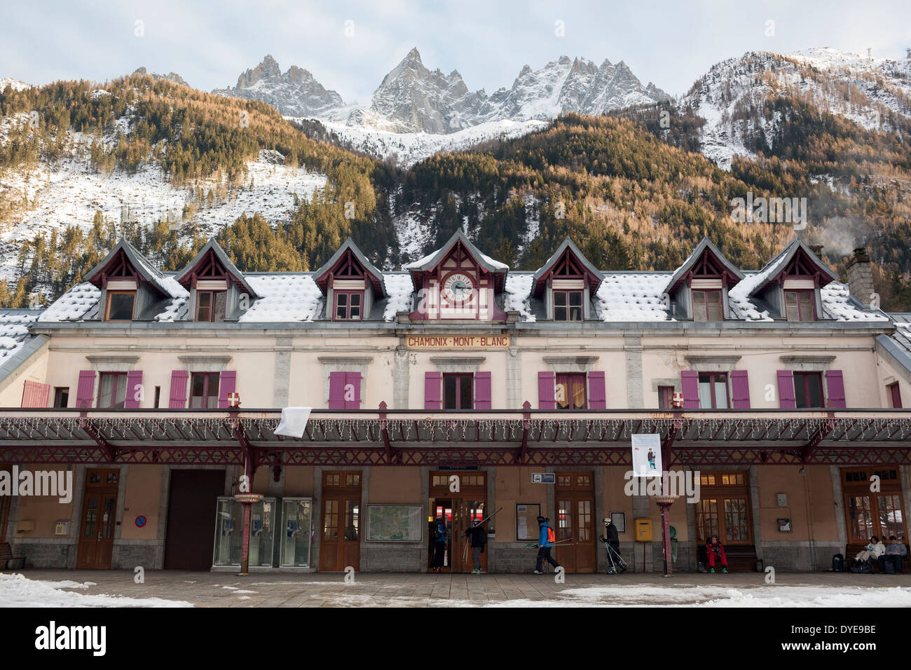 The historic train station and bus terminal in the village of Chamonix ...