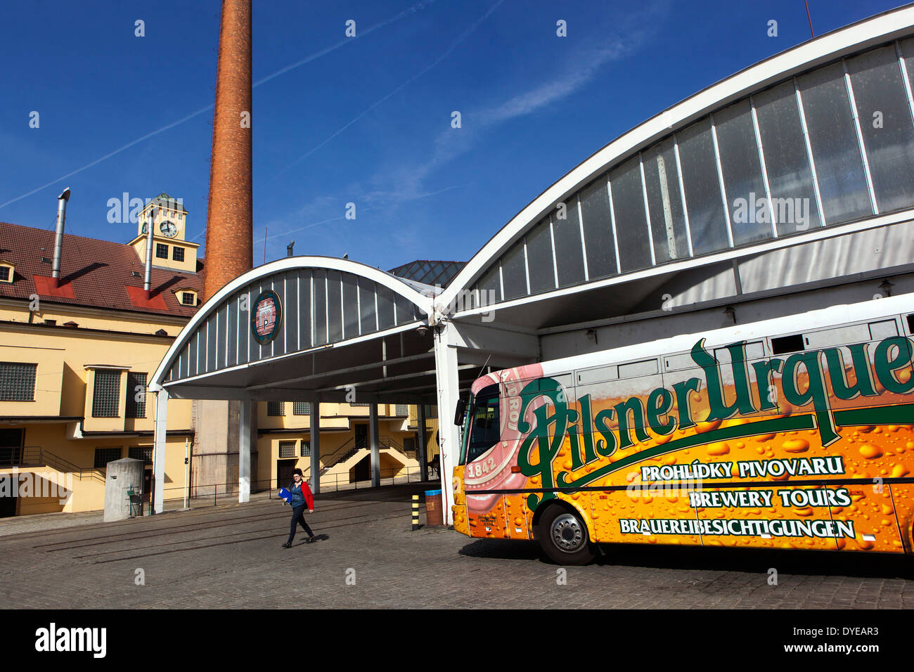 Pilsner Urquell Brewery Visitors bus in courtyard Pilsen Plzen Czech ...