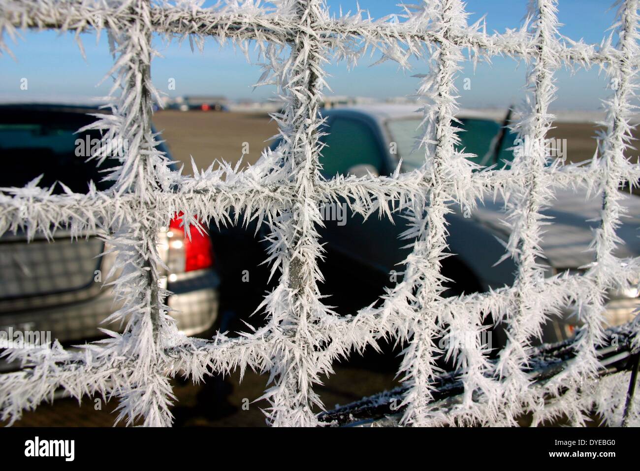 Frost encrusted wire fence during a harsh winter at Upper Heyford Air ...