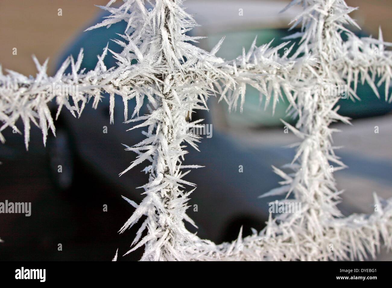 Frost encrusted wire fence during a harsh winter at Upper Heyford Air ...