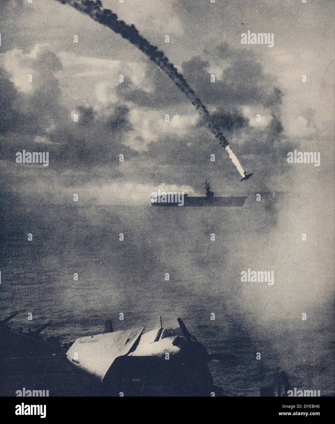 Japanese Kamikaze or suicide pilot drives his aircraft into an American ...