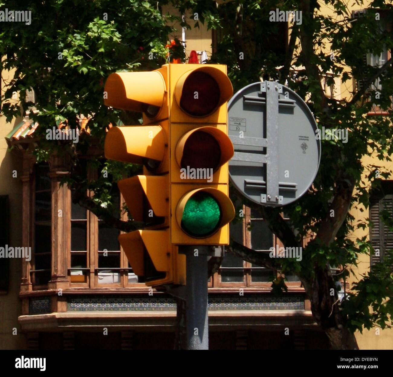 Yellow traffic light on green. Barcelona. Spain 2013 Stock Photo - Alamy
