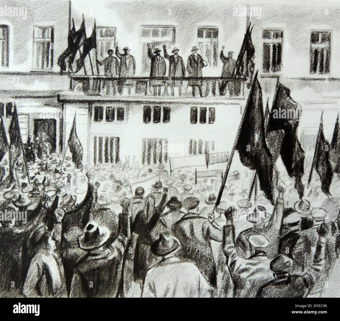 Illustration of a meeting convened in favour of the October Revolution ...