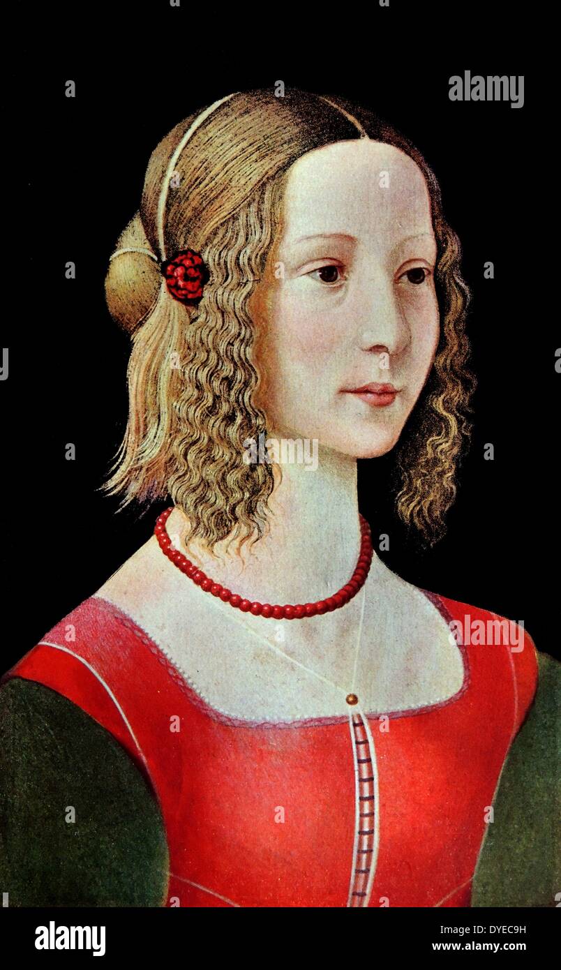 A girl is seated wearing a scarlet bodice with green sleeves. By ...