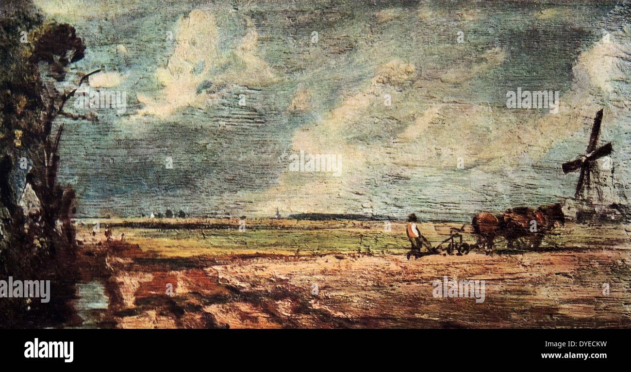 Painting of an English landscape with a farmer ploughing his field with ...