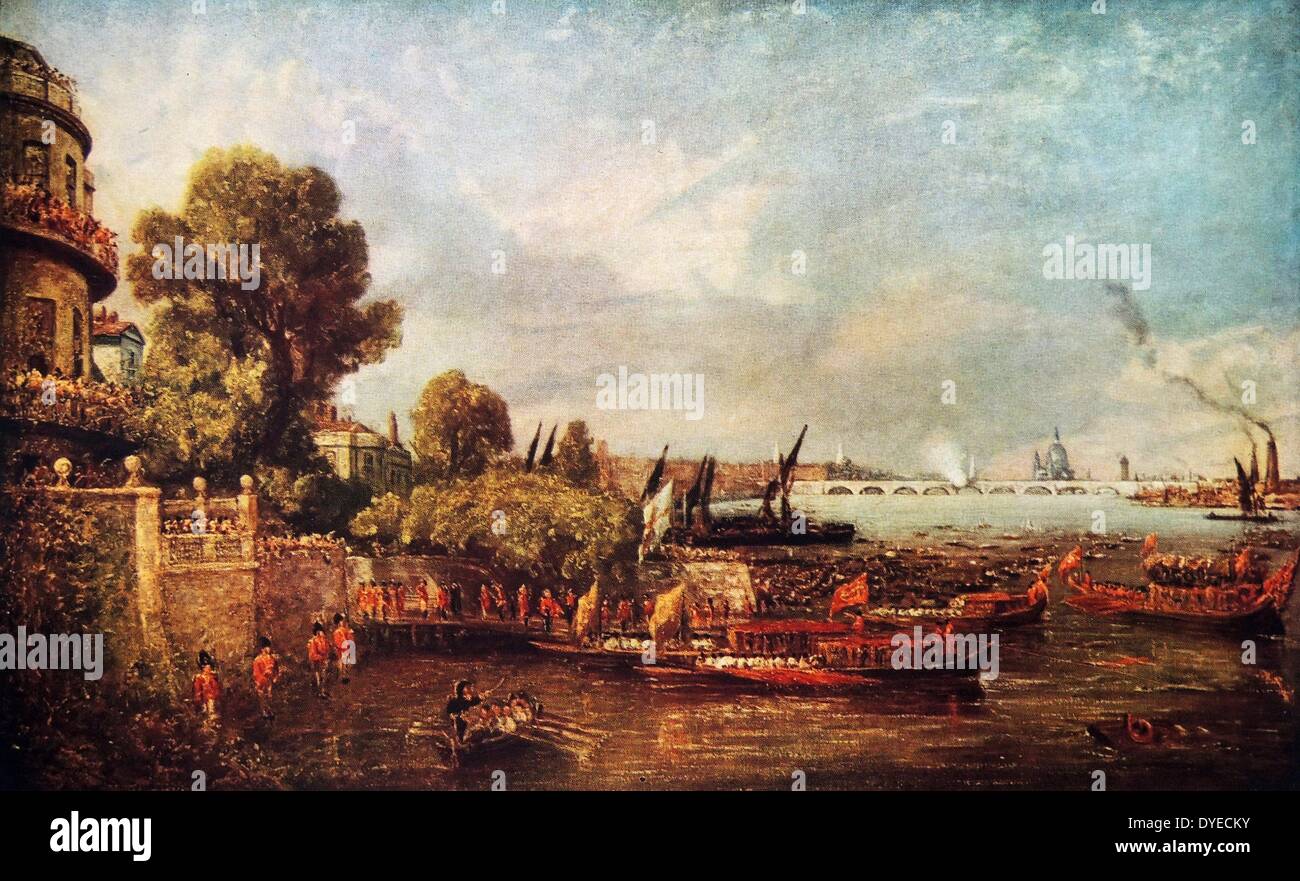 Landscape painting of the opening of Waterloo Bridge in 1817. The ...