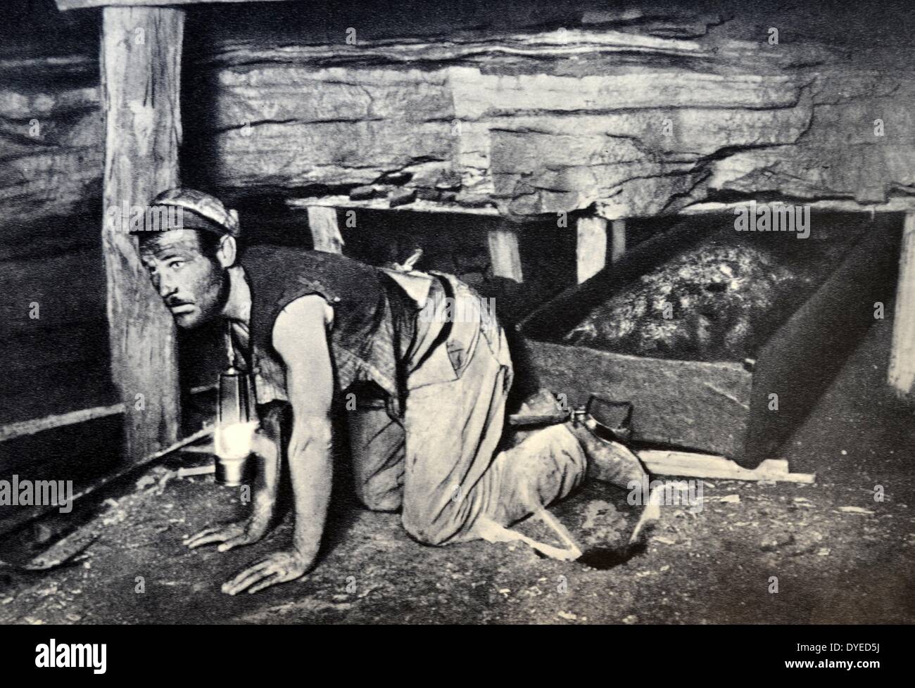 Photograph of coal miner on all fours like an animal crawling through ...
