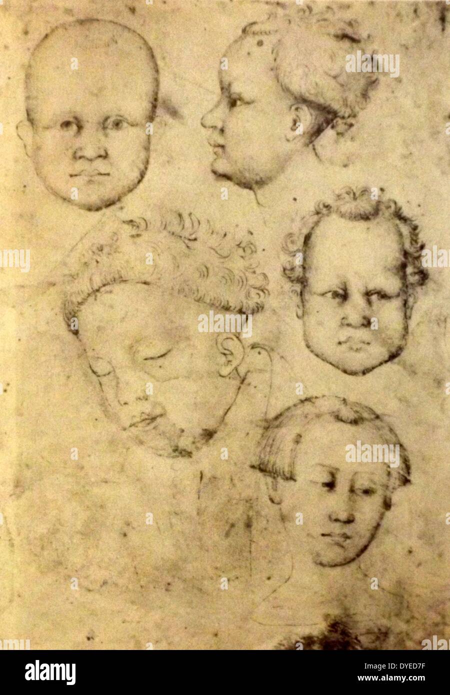 Sketches of five heads of young boys. By an unknown artist. Dated 15th ...
