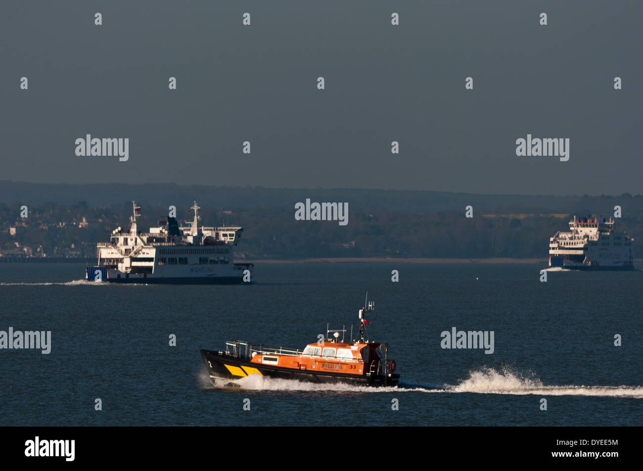 Southampton pilot cutter launch boat in the Solent at entrance to ...