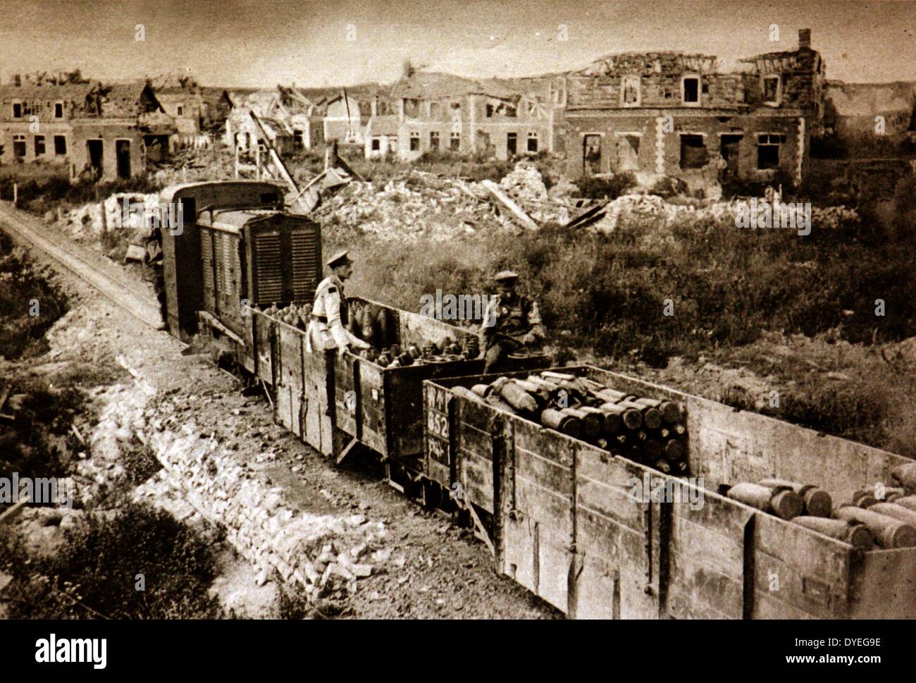 World War 1 - Canadian narrow-gauge train taking ammunition up the line ...