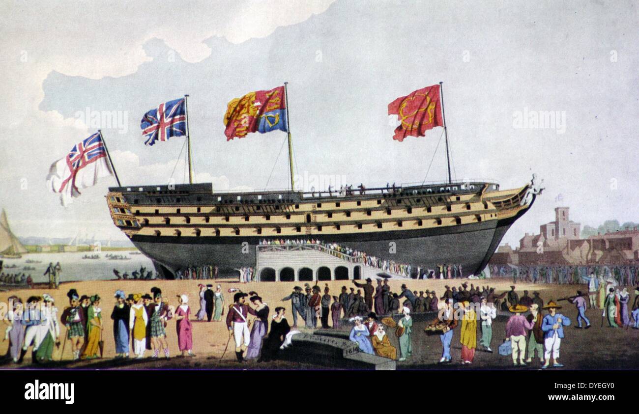 Launch of H.M.S. 'Nelson' at Woolwich, 1814 but then laid up incomplete ...