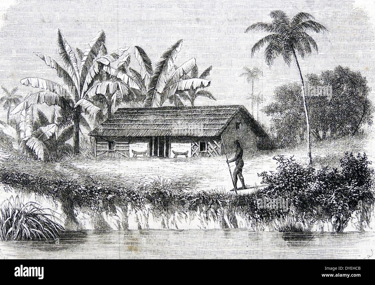 A Congo village visited by Henry Morton Stanley during his trans ...