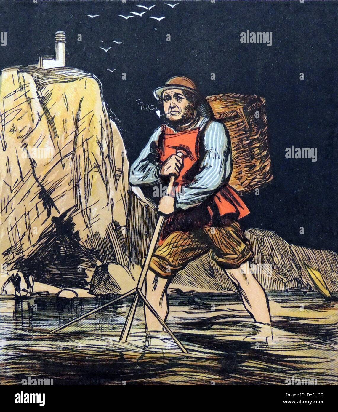 Shrimp fisherman smoking his pipe as he pushes his net in shallow water ...