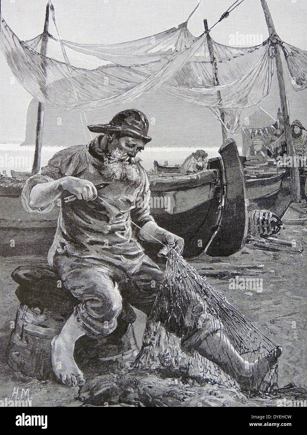 Heligoland fisherman mending his nets illustration hi-res stock ...