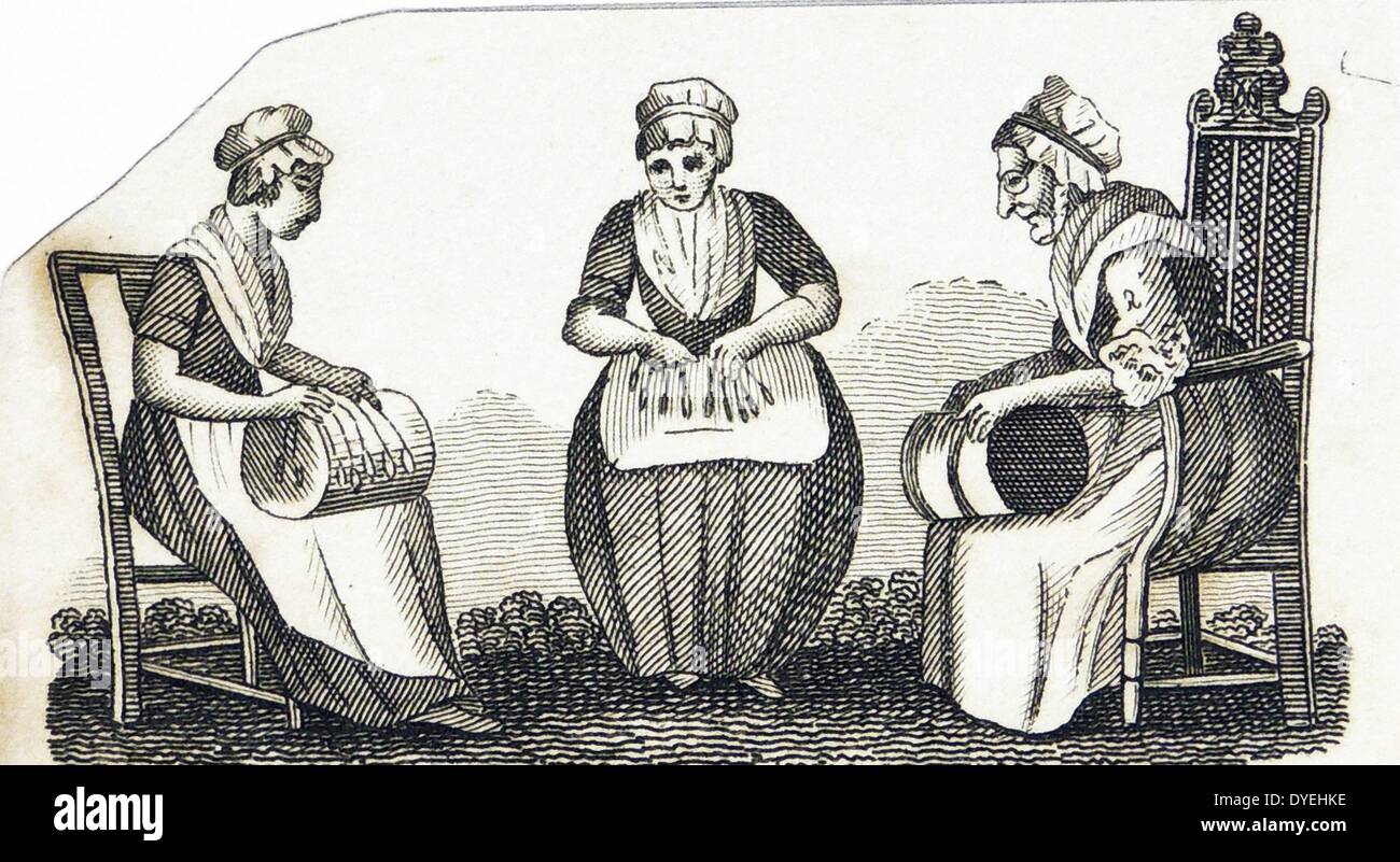 Women making pillow lace. Engraving, London, 1825 Stock Photo - Alamy
