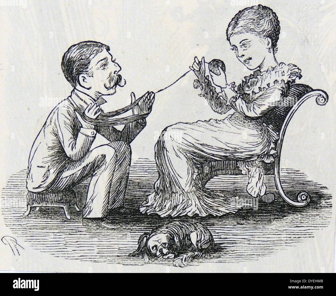 Adoring young man holds a hank of wool for his sweetheart to wind into ...