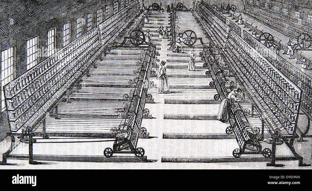 Mule-spinning: Spinning shed equipped with self-acting mules of the ...