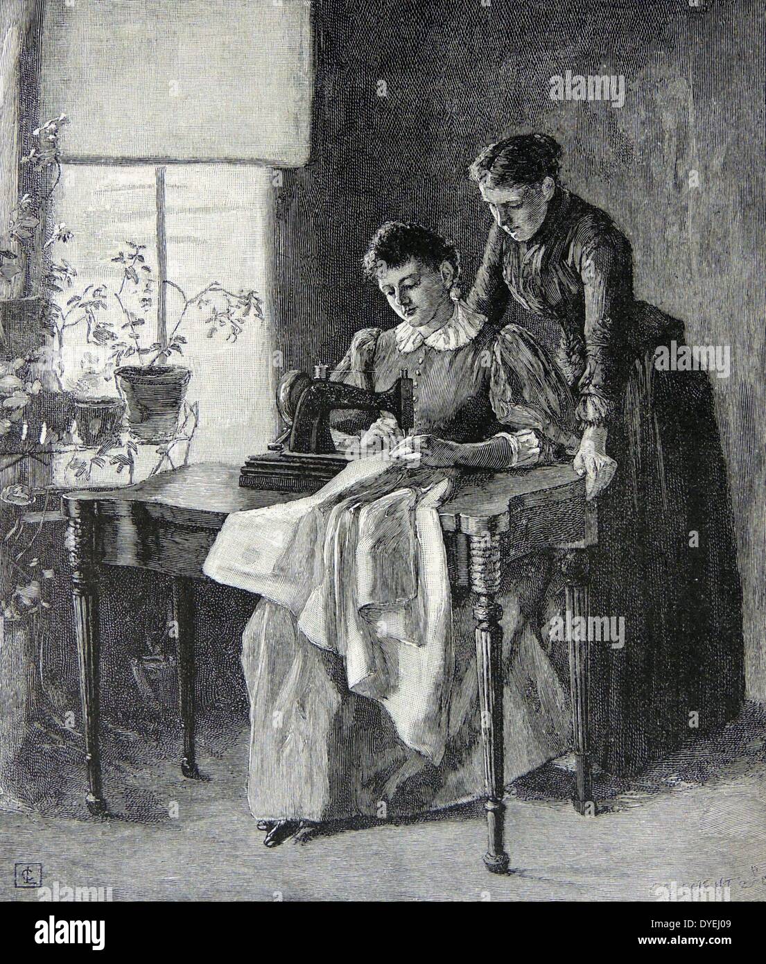 Woman using an electric sewing machine. Engraving, New York, 1890 Stock ...