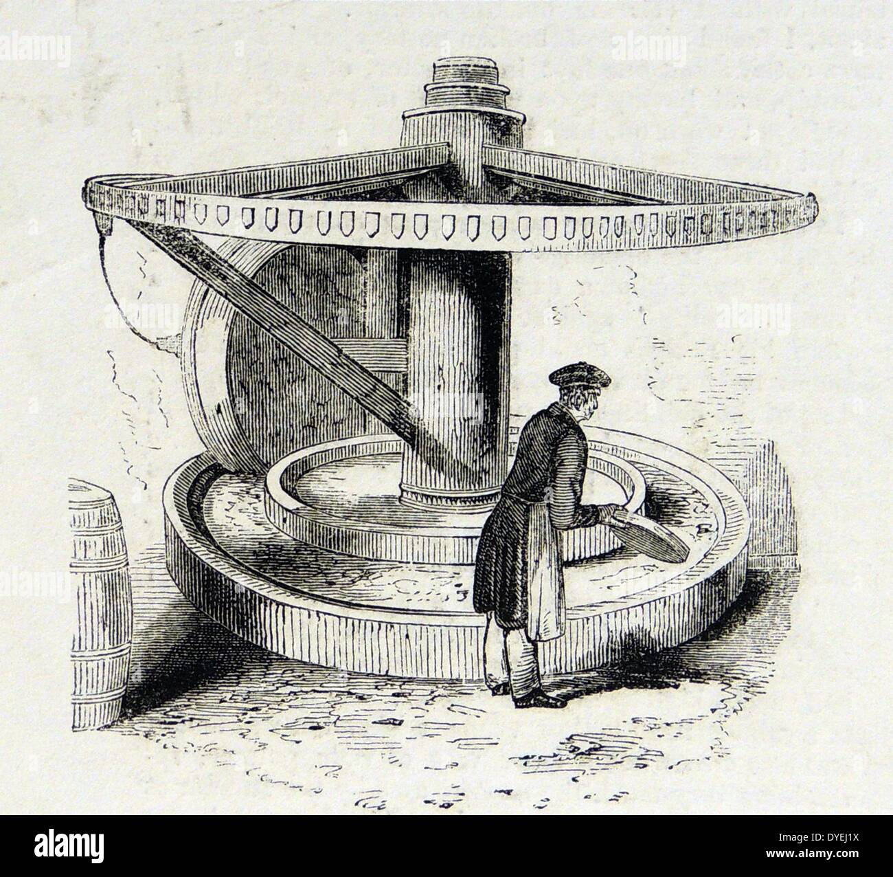 Grinding crushed flint and clay to the correct consistency of cream in ...