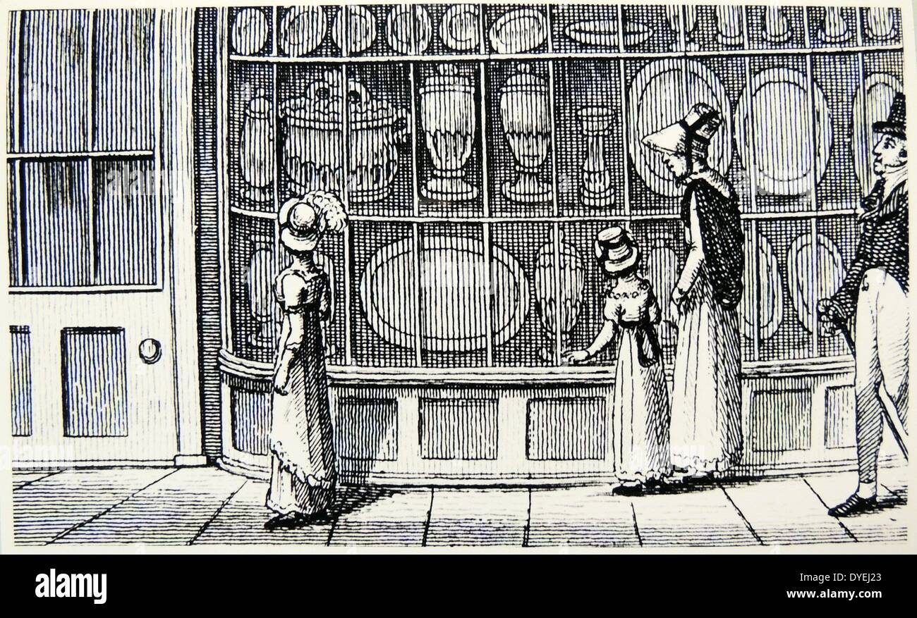 Shop window full of Wedgwood pottery. Engraving, London, 1823 Stock ...