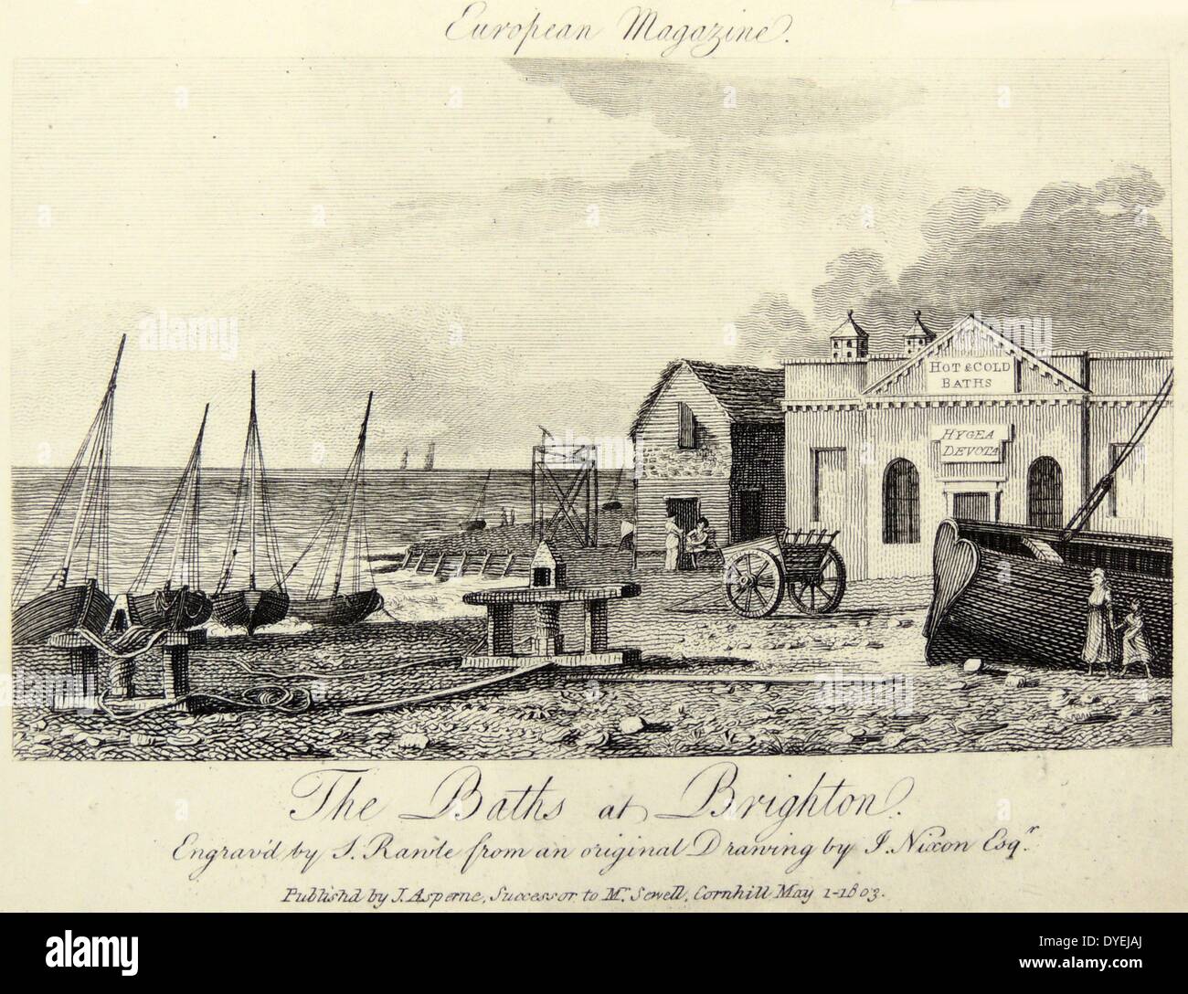 Hot and cold sea water baths at Brighton, Sussex, England. Engraving ...