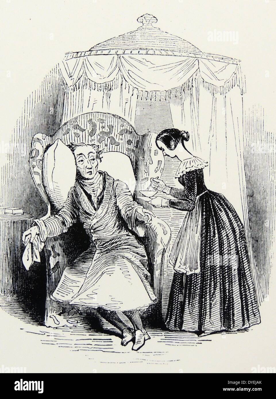 Giving an invalid with a cold a bowl of hot gruel. Engraving, 1844 ...