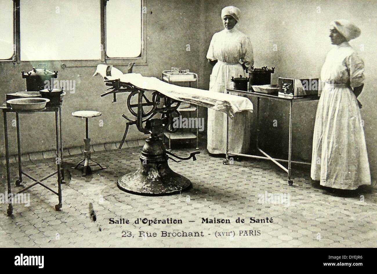 1900 photograph of an operating theatre with two nurses in Paris ...