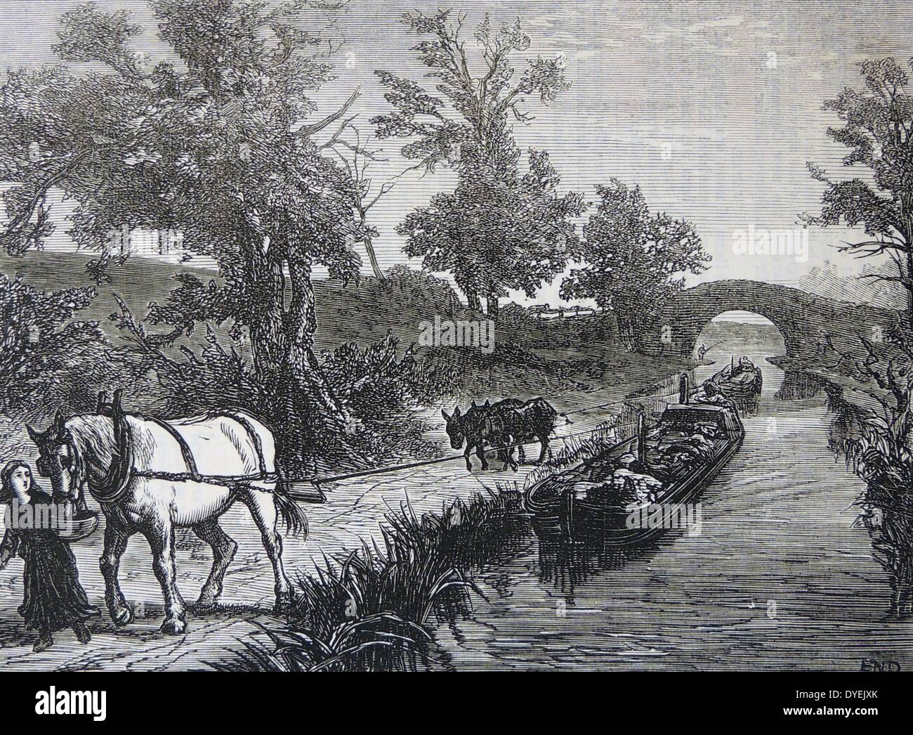 Horse- and donkey-drawn canal barges. Typical scene on the Grand ...