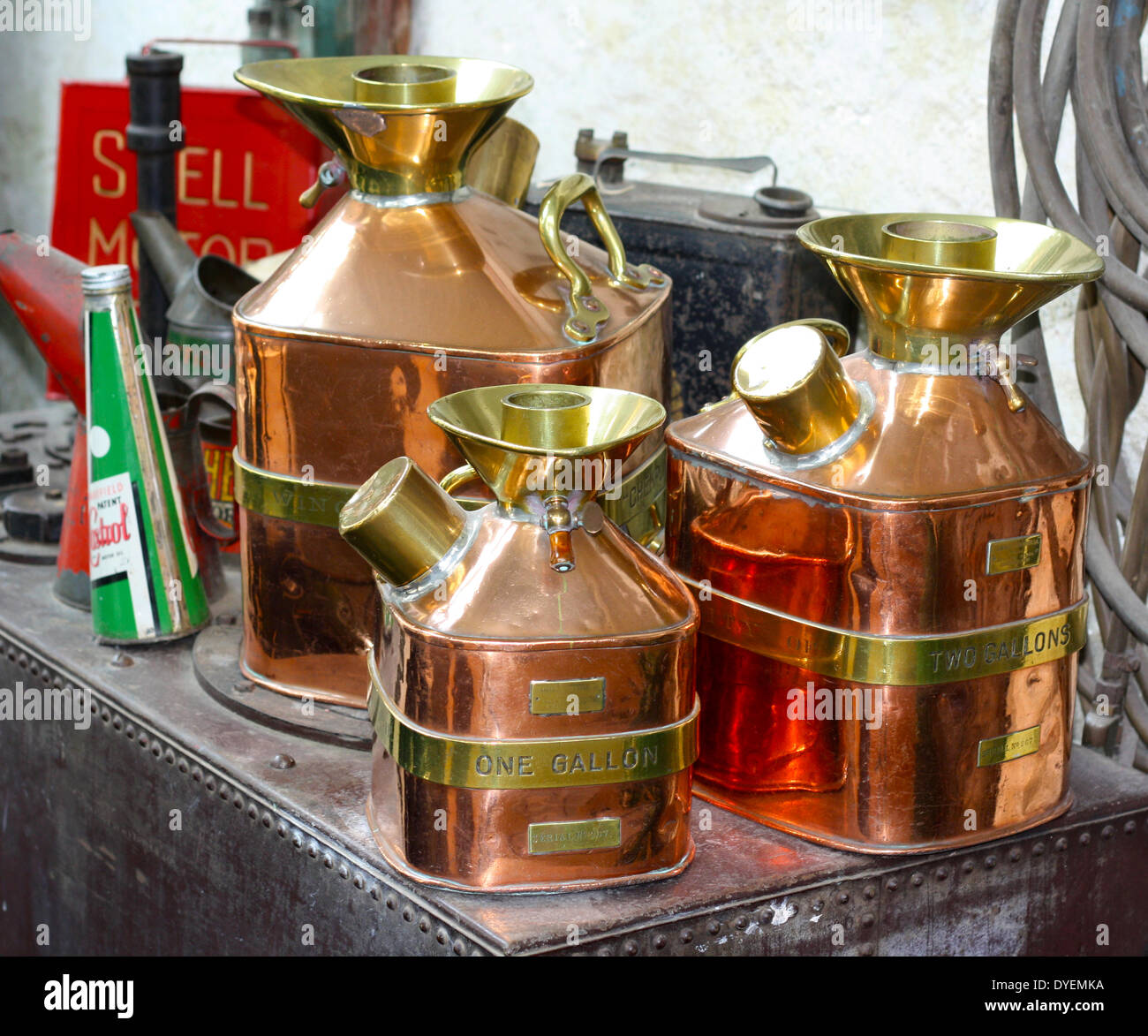 copper and brass petrol and oil cans from the nineteen twenties Stock ...