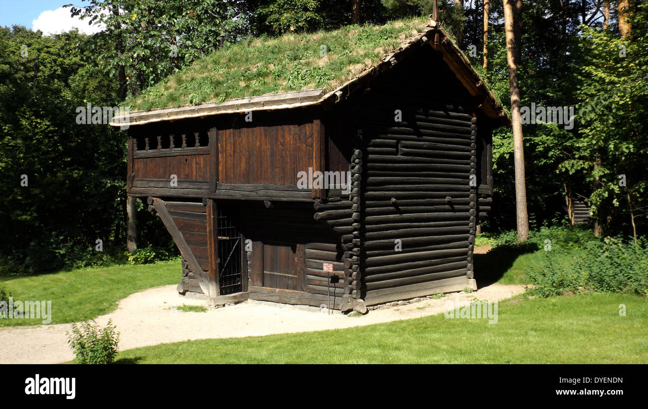 traditional grass covered huts, storerooms at the Norsk Folk Museum ...