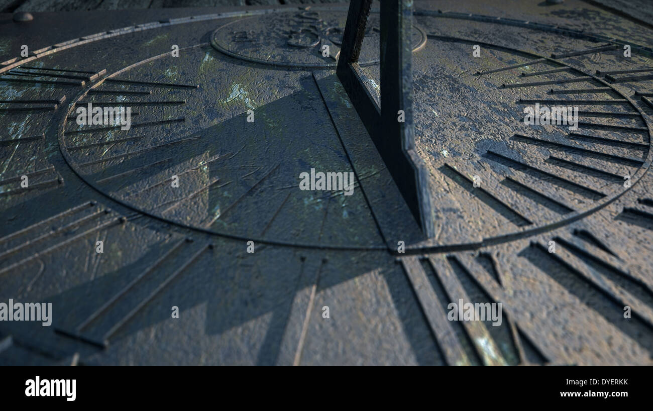 An extreme closeup of a section of an old vintage sundial clock made of ...