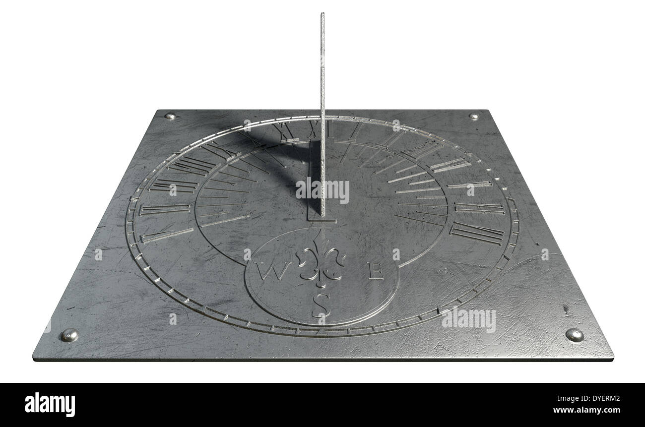 An old vintage sundial clock made of scratched metal with roman ...