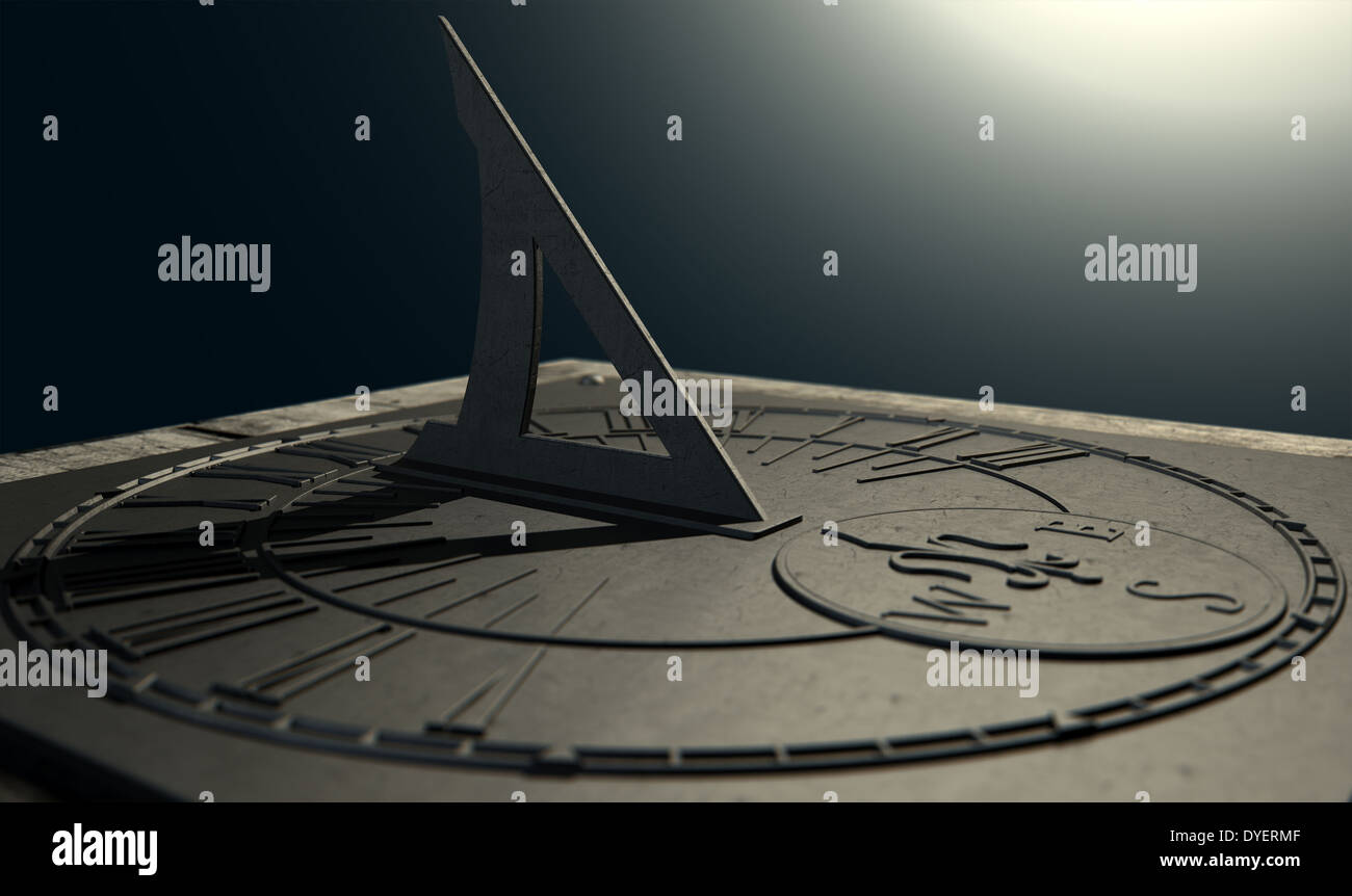 An extreme closeup of a section of an old vintage sundial clock made of ...