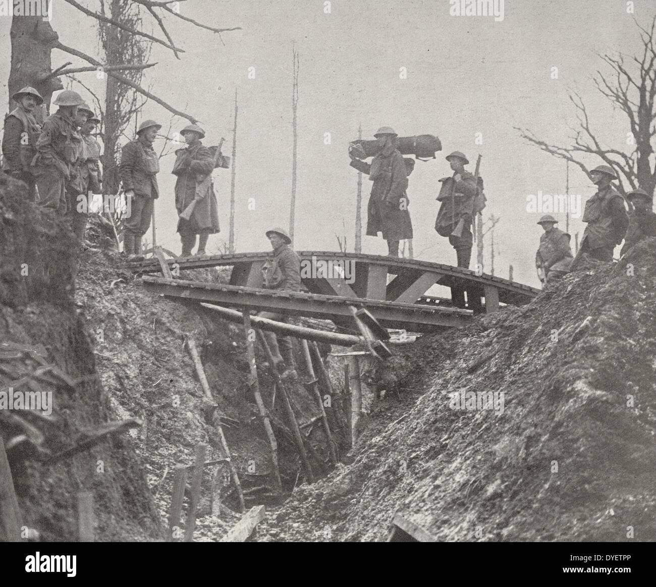 A portable bridge is carried by British soldiers on the Western Front ...