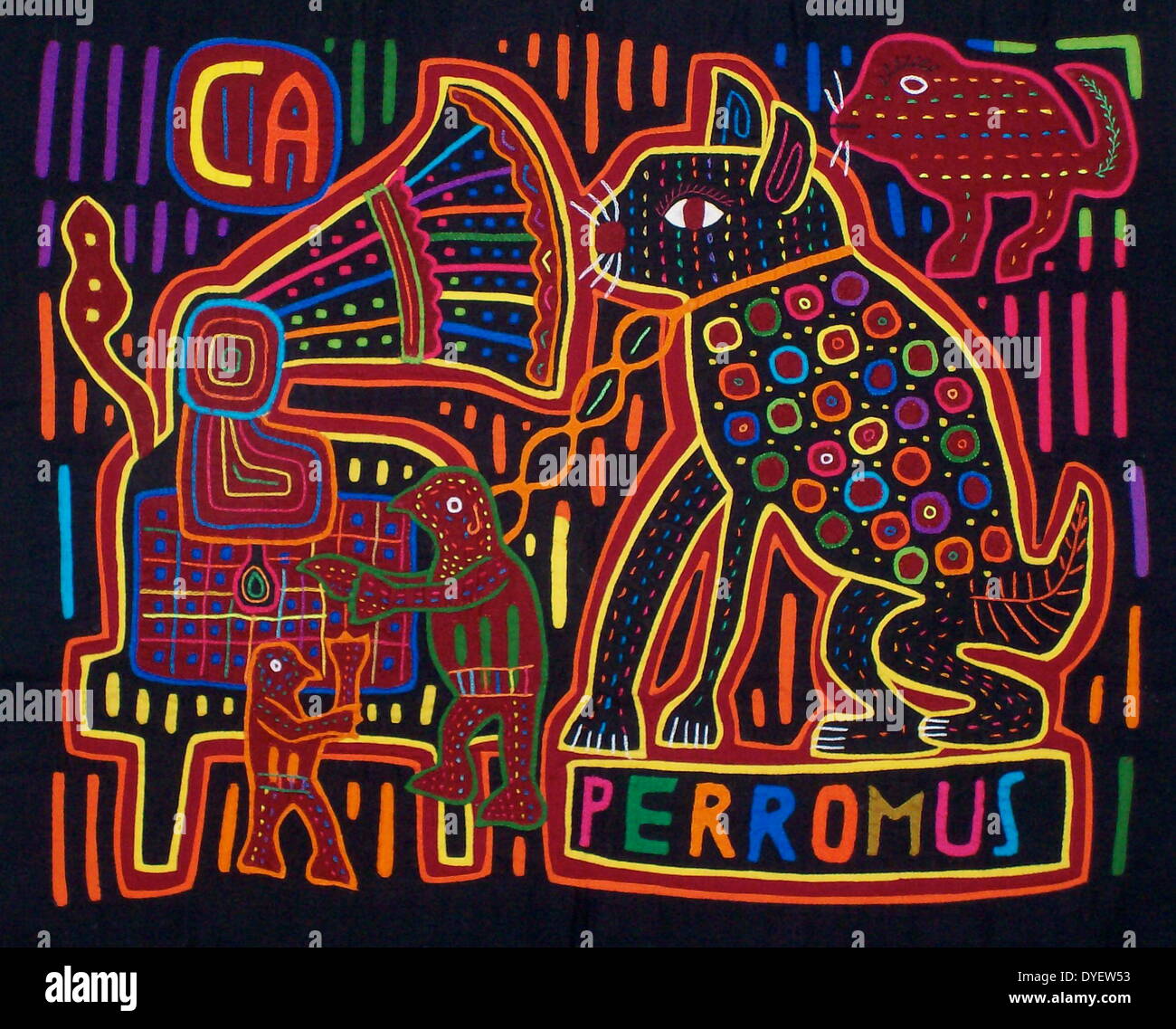 Mola textile by Kuna Indian artist, depicting a modern influence on the ...