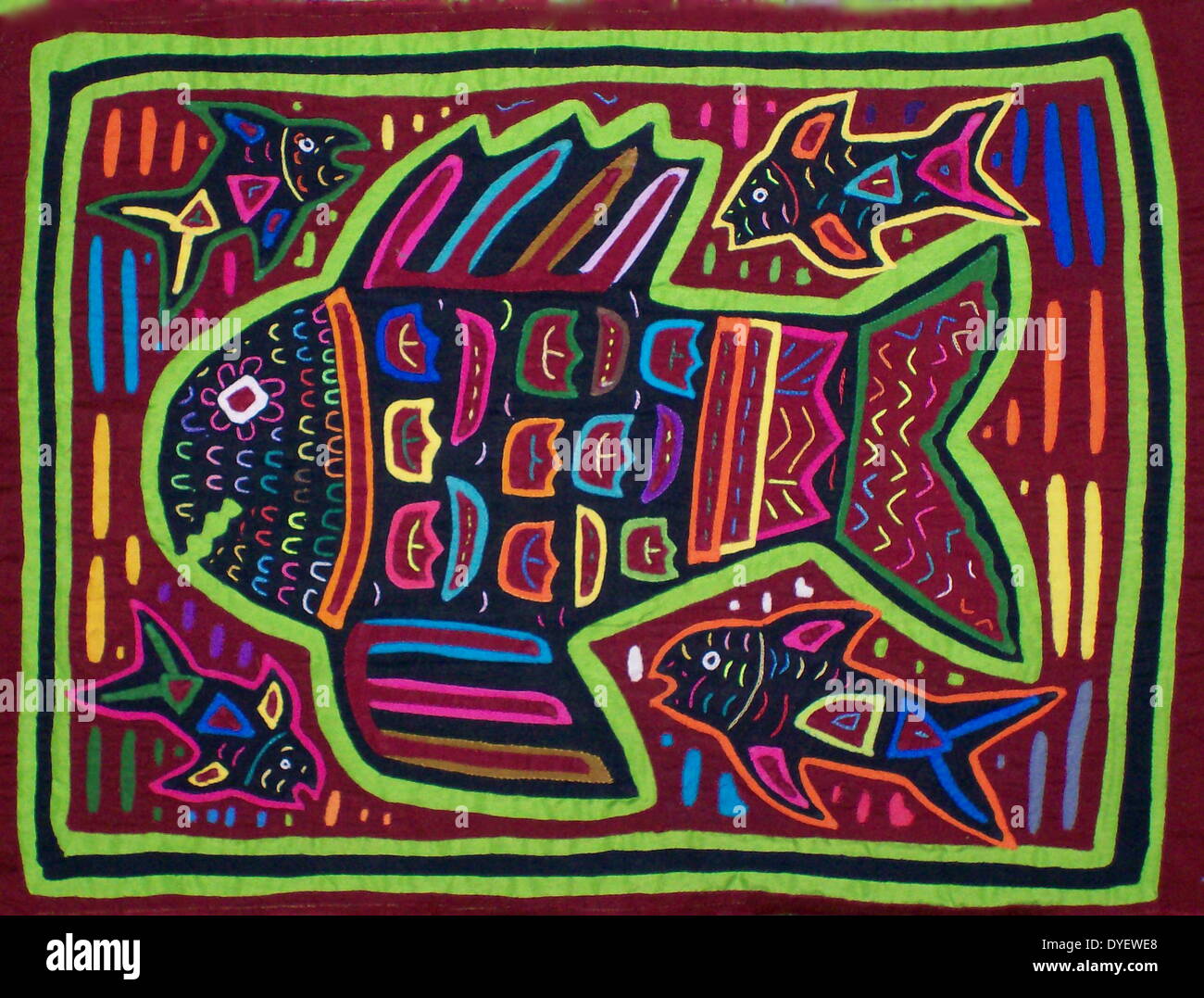 Mola textile by Kuna Indian artist, depicting five fish. From the San ...
