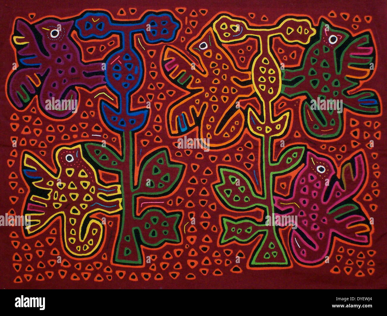Mola textile by Kuna Indian artist, depicting five owls. From the San ...