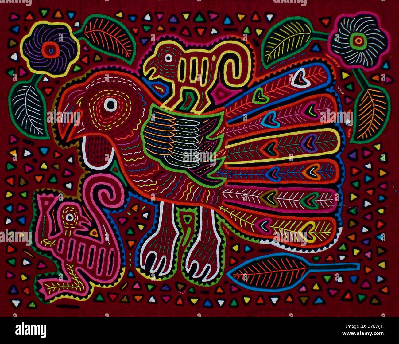 Mola textile by Kuna Indian artist, depicting a bird with monkeys. From ...