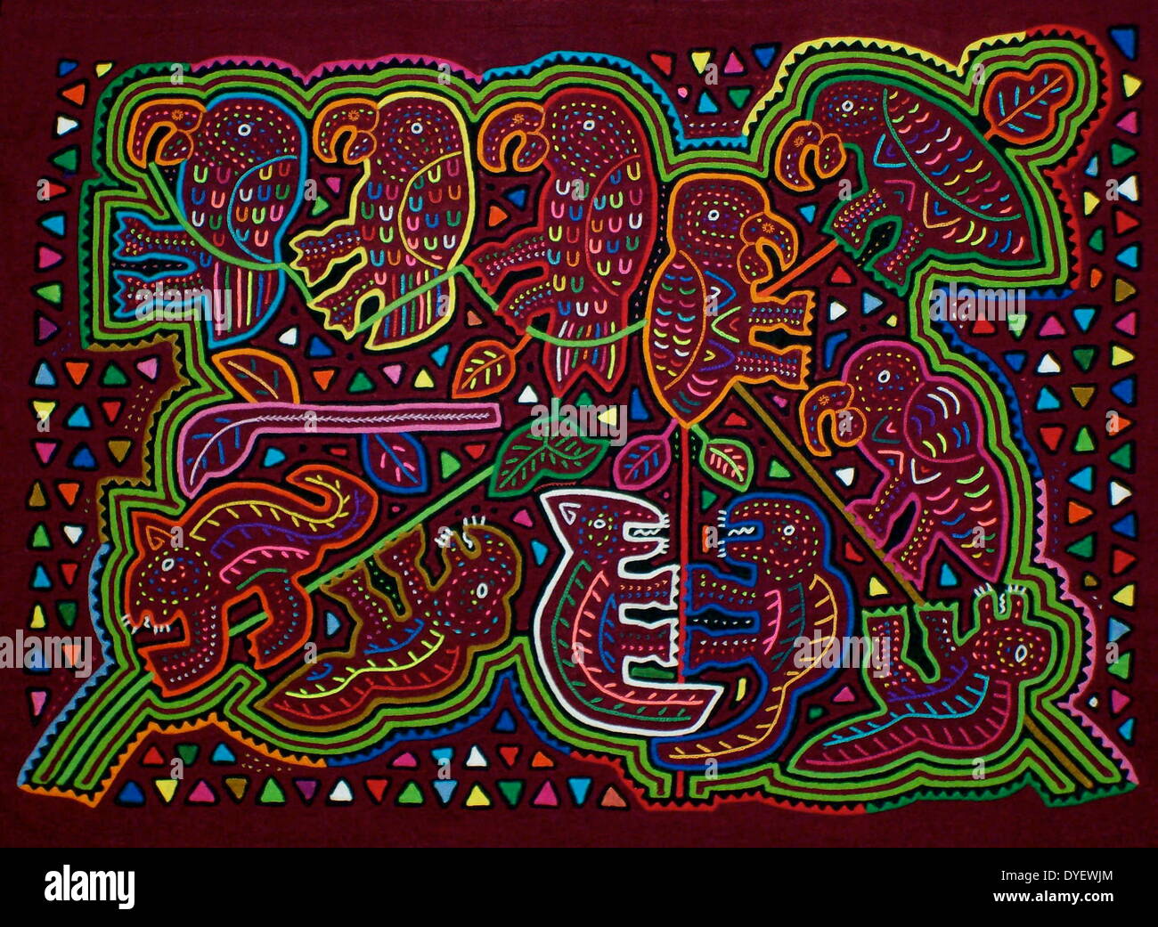 Mola textile by Kuna Indian artist, depicting six parrots. From the San ...