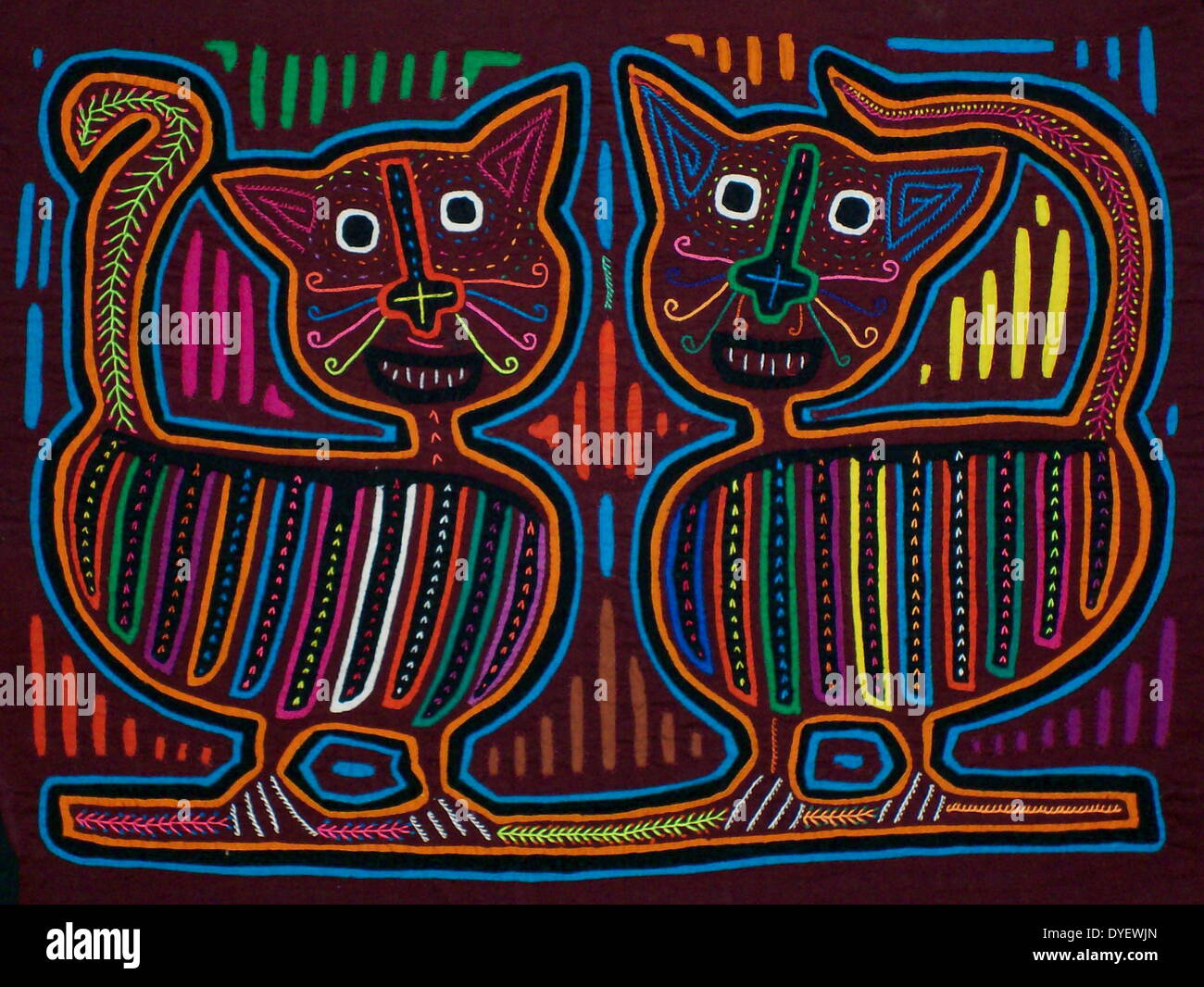 Mola textile by Kuna Indian artist, depicting two cats. From the San ...
