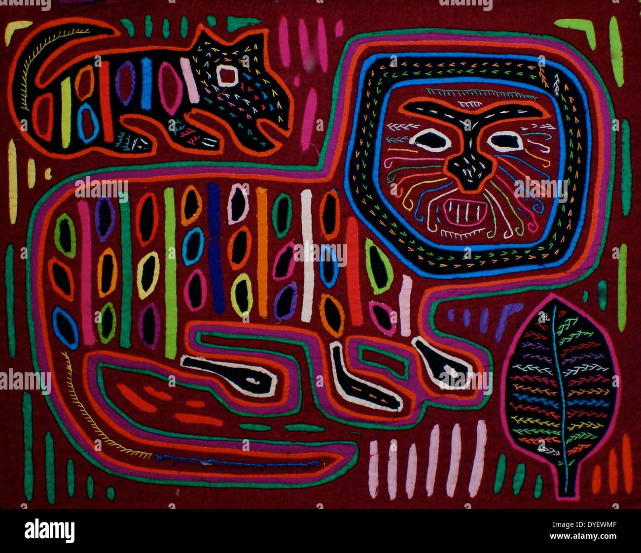 Mola textile by Kuna Indian artist, depicting a lion. From the San Blas ...