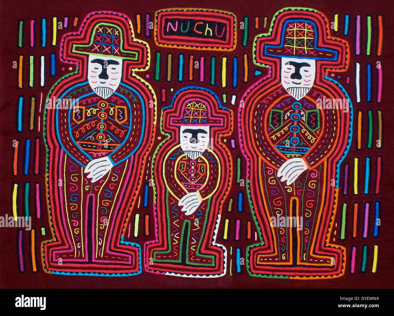 Mola textile by Kuna Indian artist, depicting three Nuchu figures ...