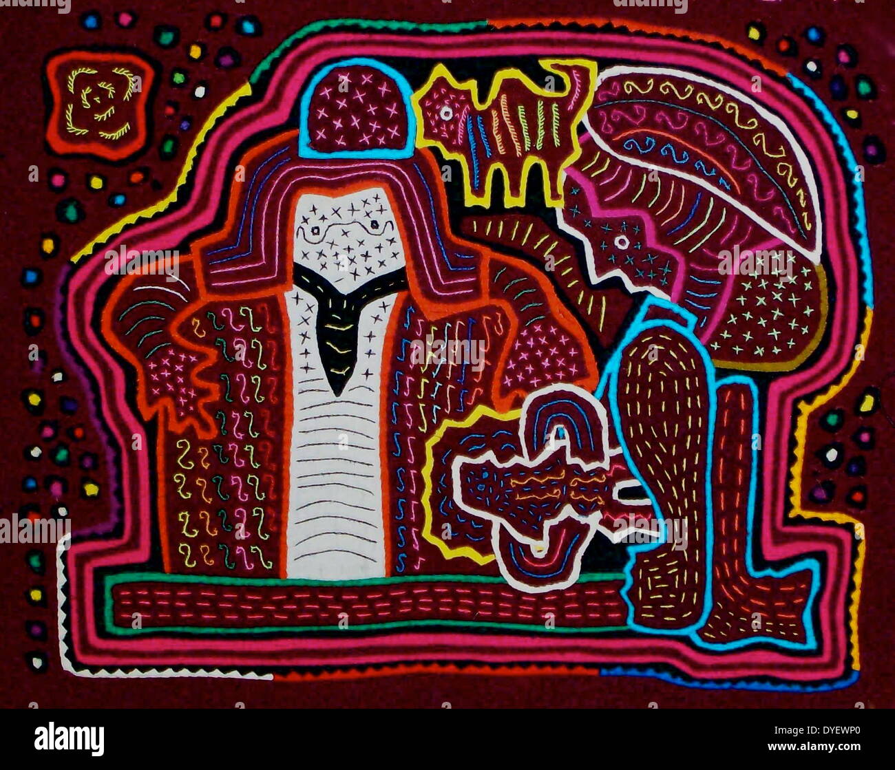 Mola textile by Kuna Indian artist, depicting what appears to be the ...