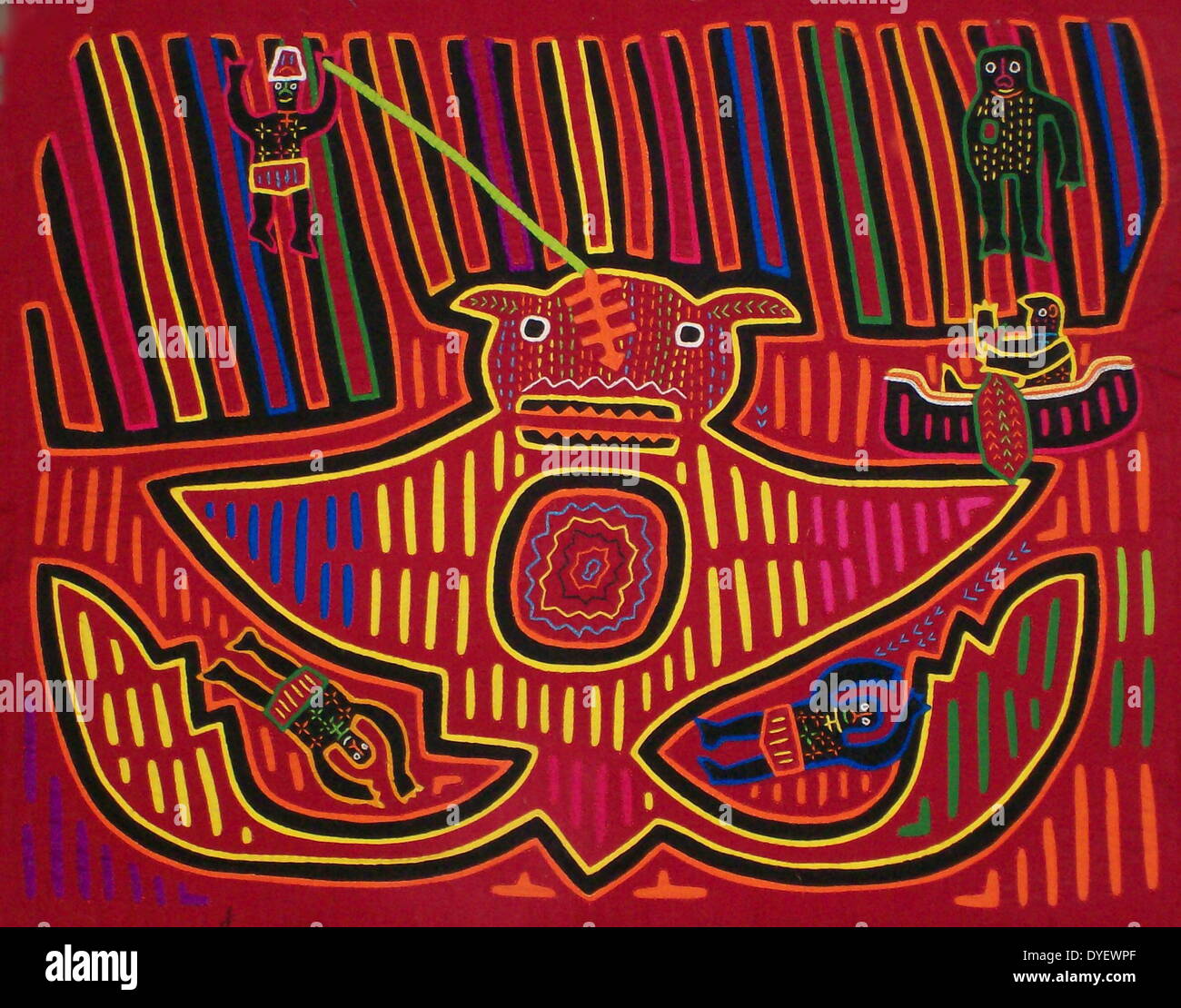 Mola textile by Kuna Indian artist, depicting a fisherman hooking a ...