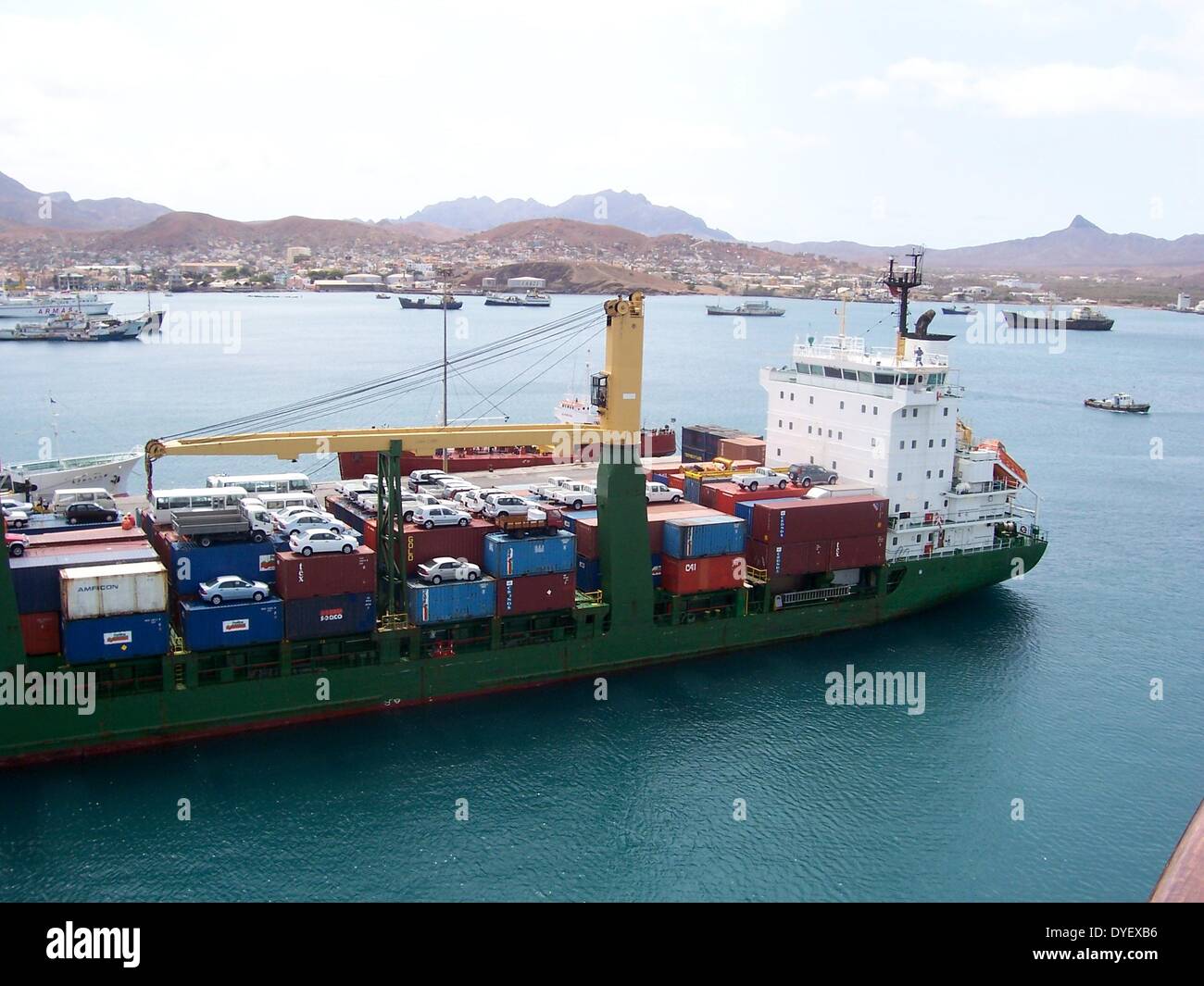 Container vessel arriving at Mindelo, St Vincent, Cape Verde islands ...