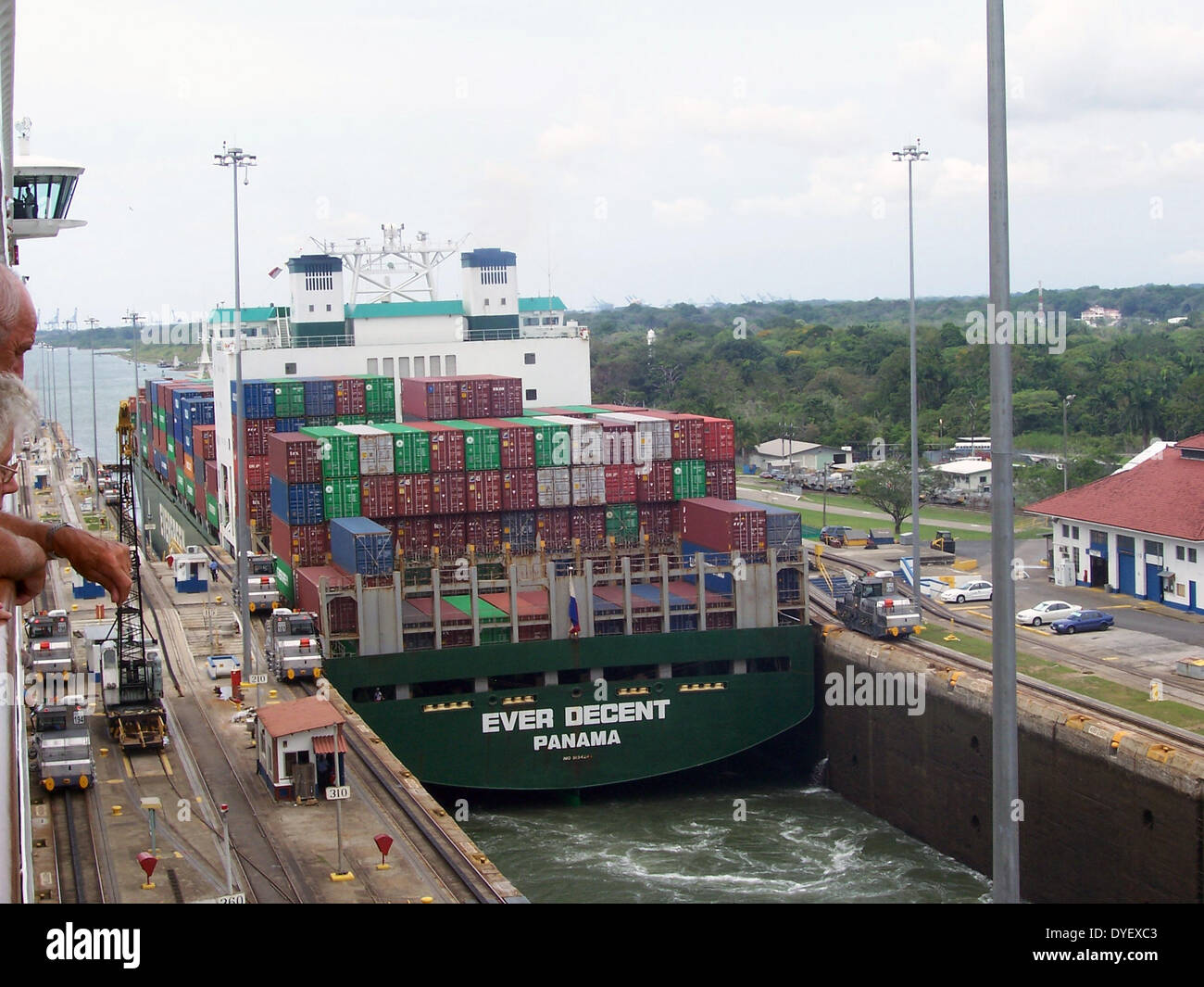 Container vessel, "Ever Decent" passing through a lock in the Panama ...